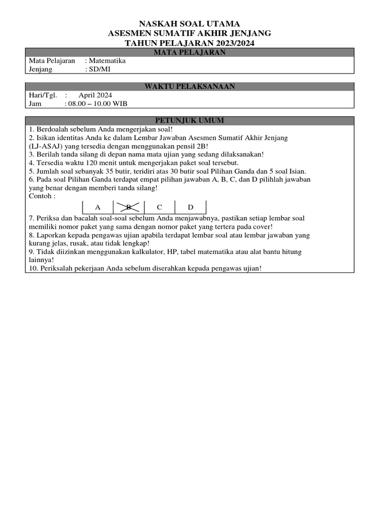 SOAL ASAJ Matematika SD Al-Amin TP 2023-2024 | PDF