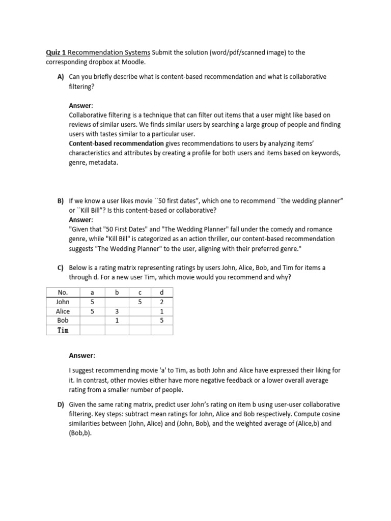 Quiz 1 Recommender 2024 Pdf Applied Mathematics Information Science