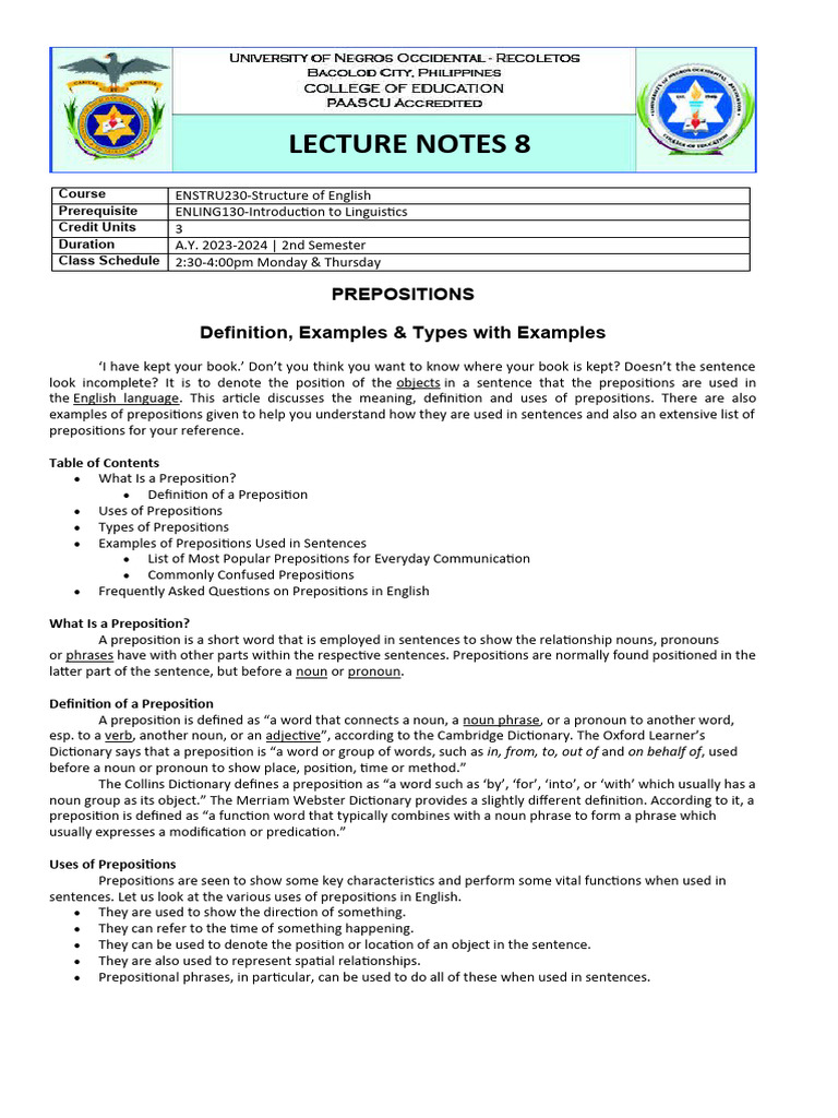 Enstru230 Lecture Notes 8 Prepositions-1 | PDF | Noun | Preposition And ...