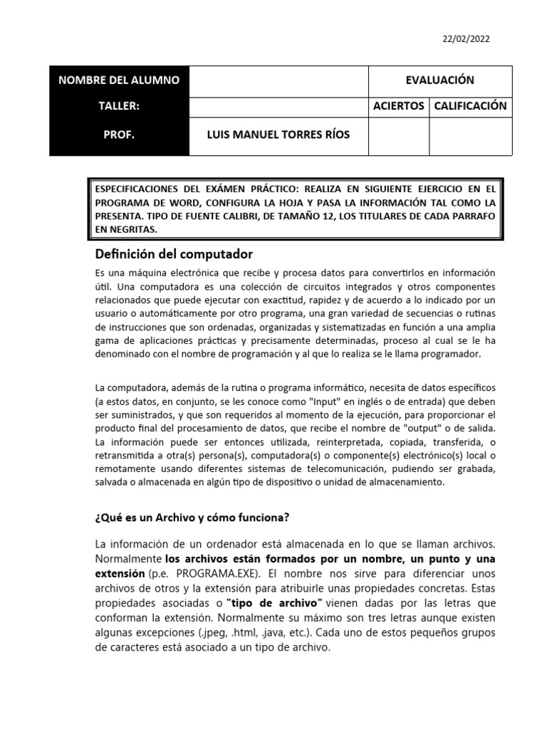 Examen De Computacion Basico Principiantes Pdf Archivo De