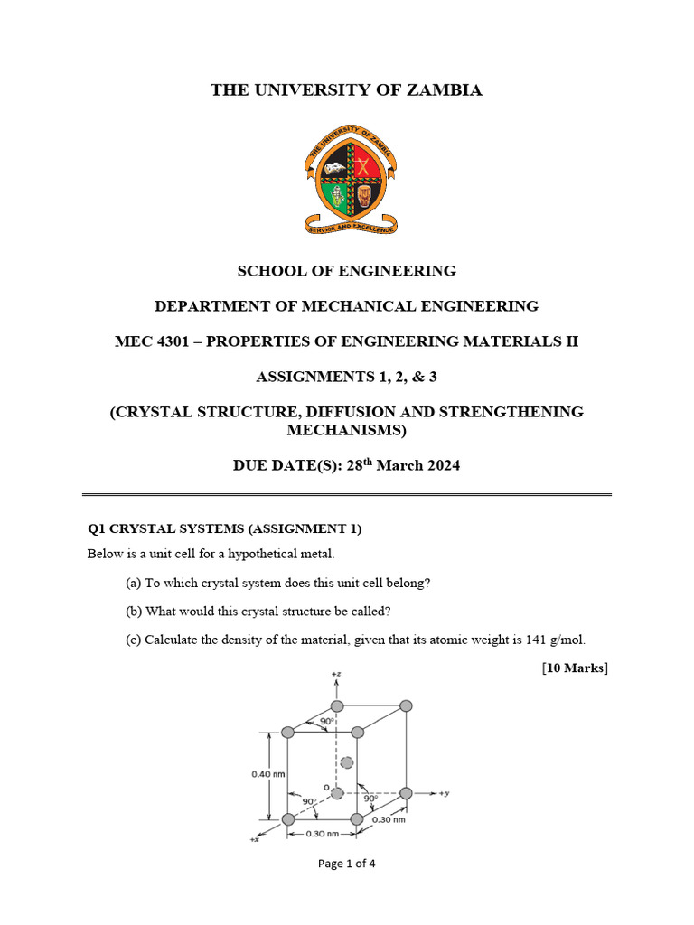 2024 Mec 4301 Asignments 1, 2, & 3 | PDF | Crystal Structure | Chemistry
