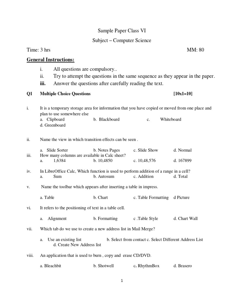 class-vi-sample-paper | Download Free PDF | Spreadsheet | Computer Science