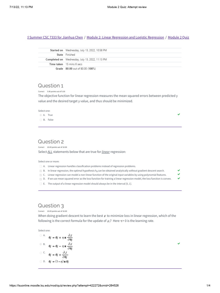 Module 2 Quiz - Correct | Download Free PDF | Regression Analysis | Logistic Regression