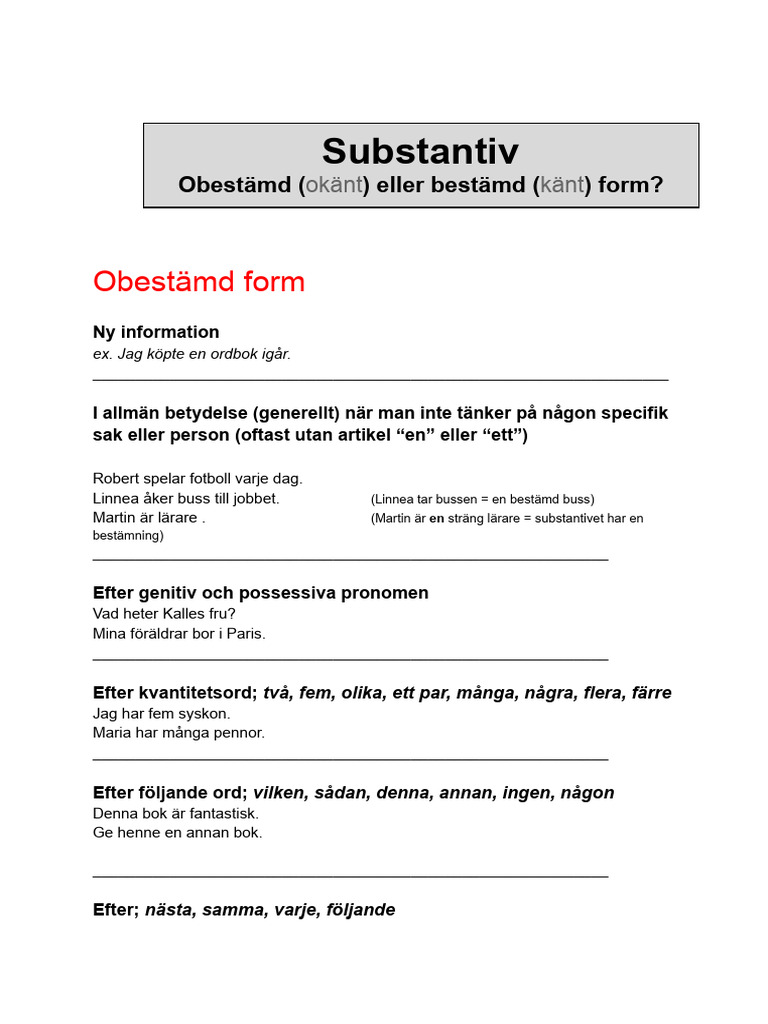 Substantiv Obestämd Eller Bestämd Form | PDF