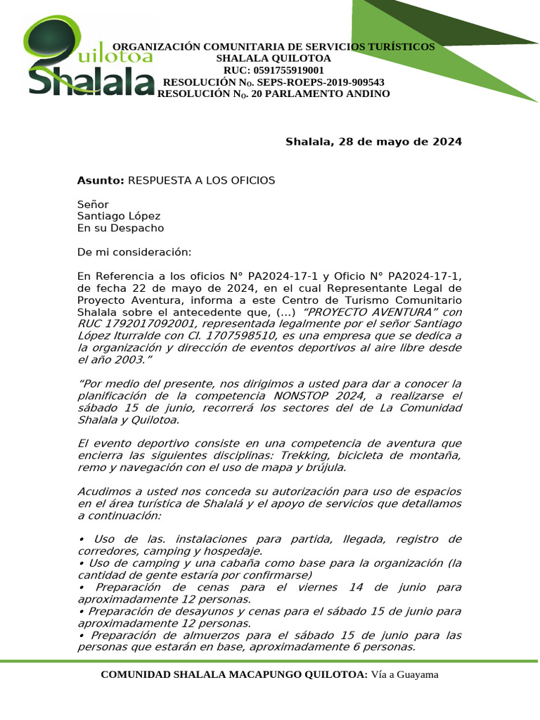 Respuesta Del Oficio "PROYECTO AVENTURA" | PDF | Turismo