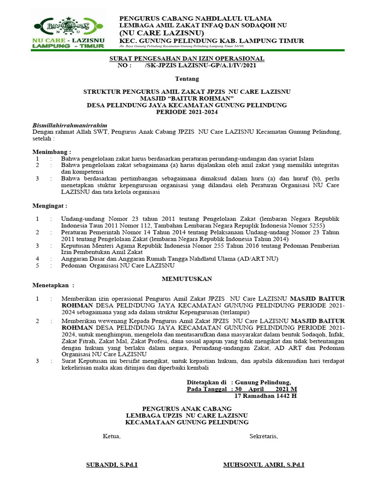 Contoh SK JPZIS LAZISNU Masjid | PDF