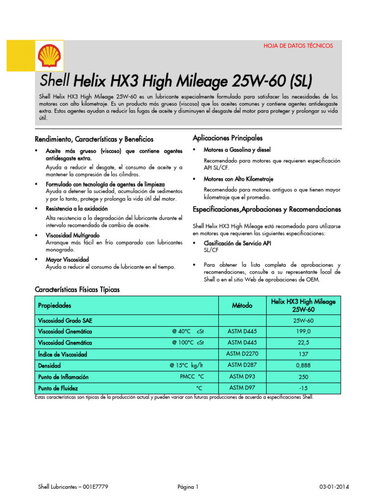 Helix HX3 High Mileage 25W-60 SL | PDF | Lubricante | Petróleo