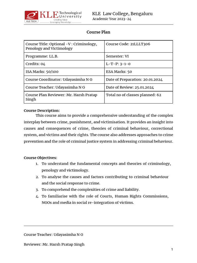 Criminology Course Plan | PDF | Crimes | Crime & Violence