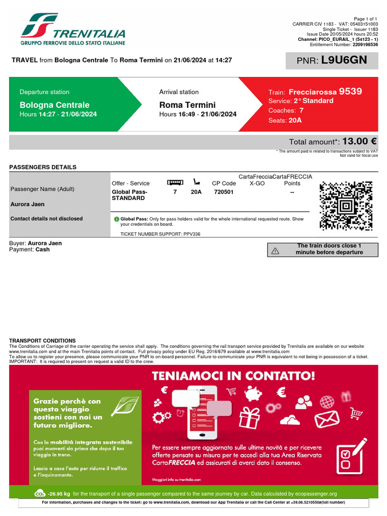 Tickets Bologna Centrale (Italy) - Roma Termini (Italy) | PDF | Value ...