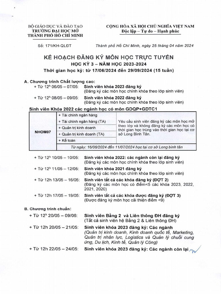 KH đăng ký môn học trực tuyến HK3 NH2023 2024 | PDF