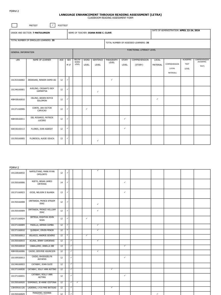 7C Form 2 - Classroom Reading Assessment Form | PDF | Written ...