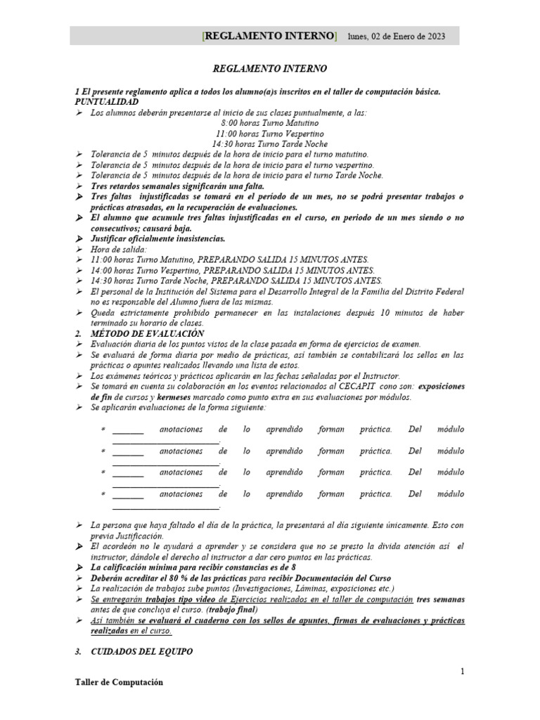 Reglamento Del Taller 2010 | PDF | Informática
