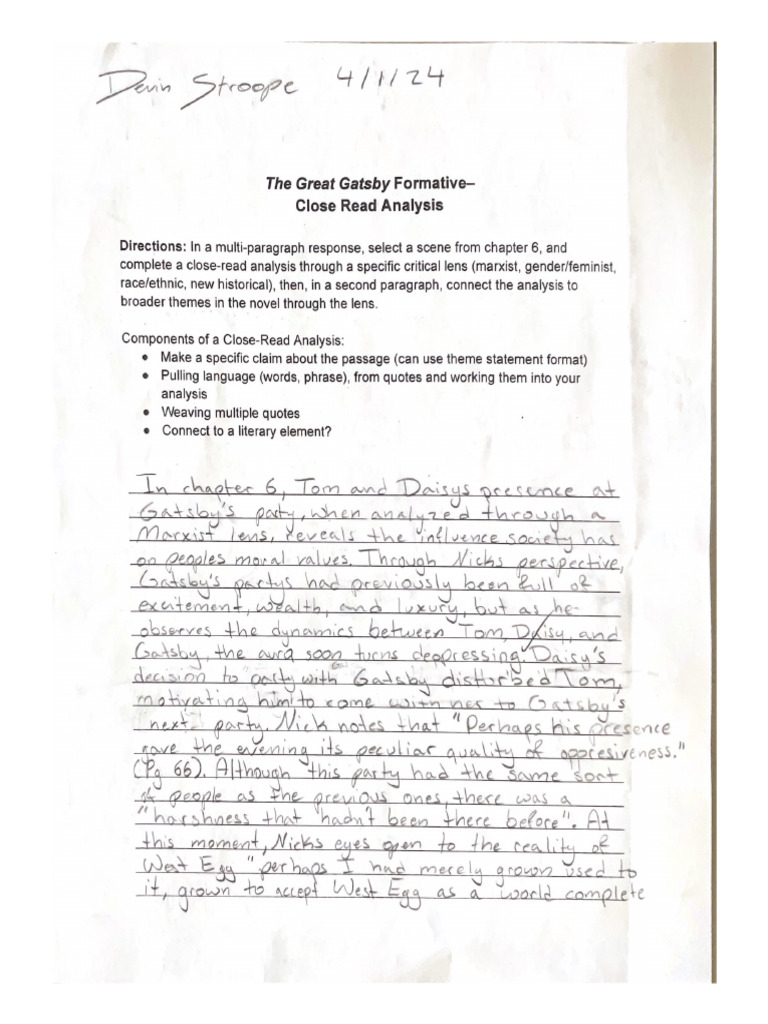 The Great Gatsby Formative Essay | PDF