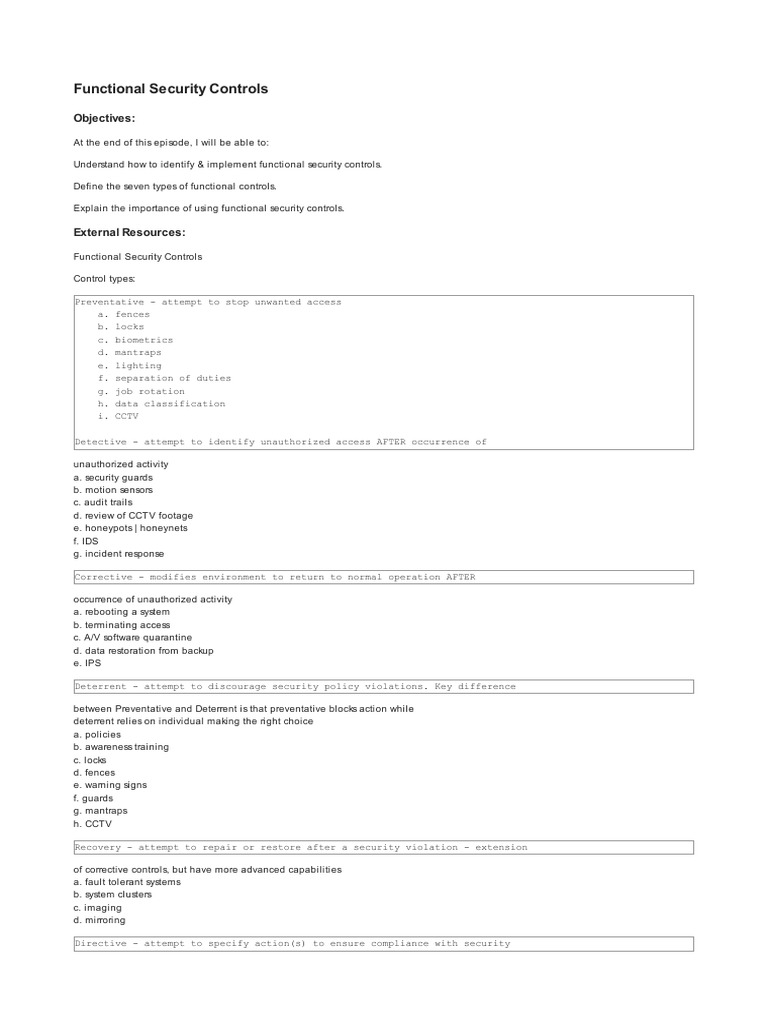 Isc2 SSCP 1 4 1 Functional Security Controls 031322 | PDF