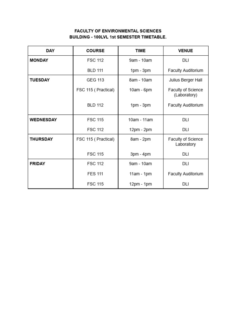 FACULTY OF ENVIRONMENTAL SCIENCES (BUILDING) - 100Lvl 1st SEMESTER TIMETABLE. | PDF