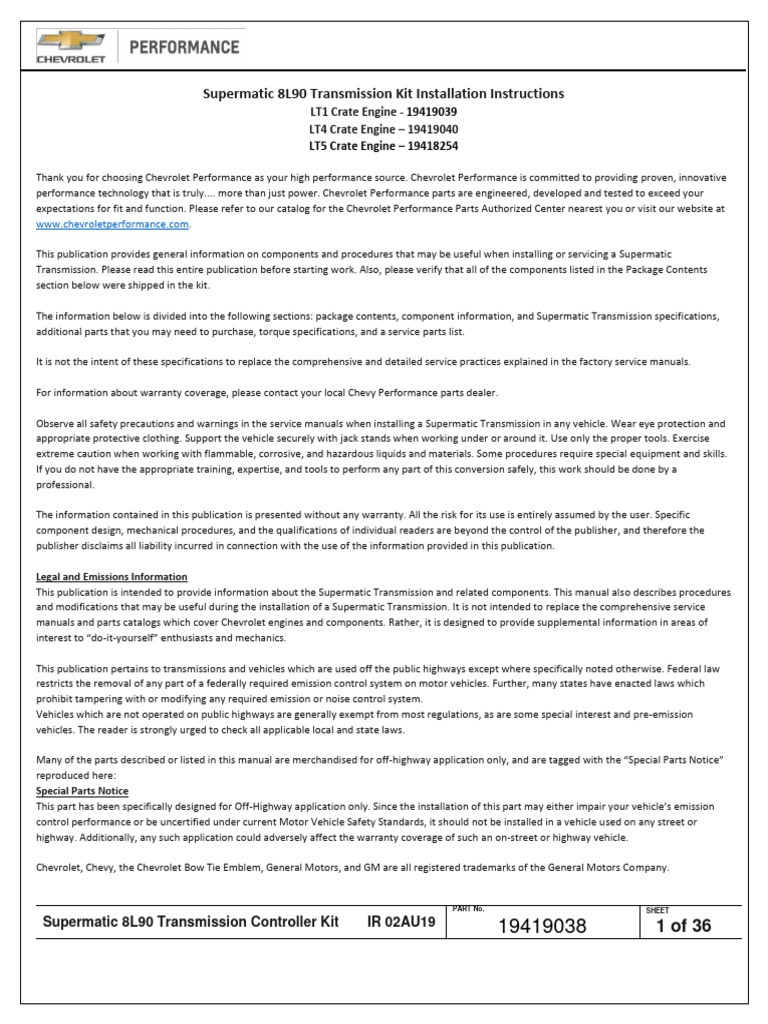 Supermatic 8l90 Transmission Kit Installation Instructions | PDF ...