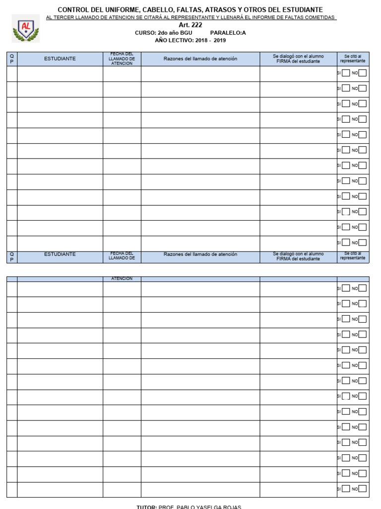 Control de Faltas, Atrasos, Uniforme, Etc | PDF
