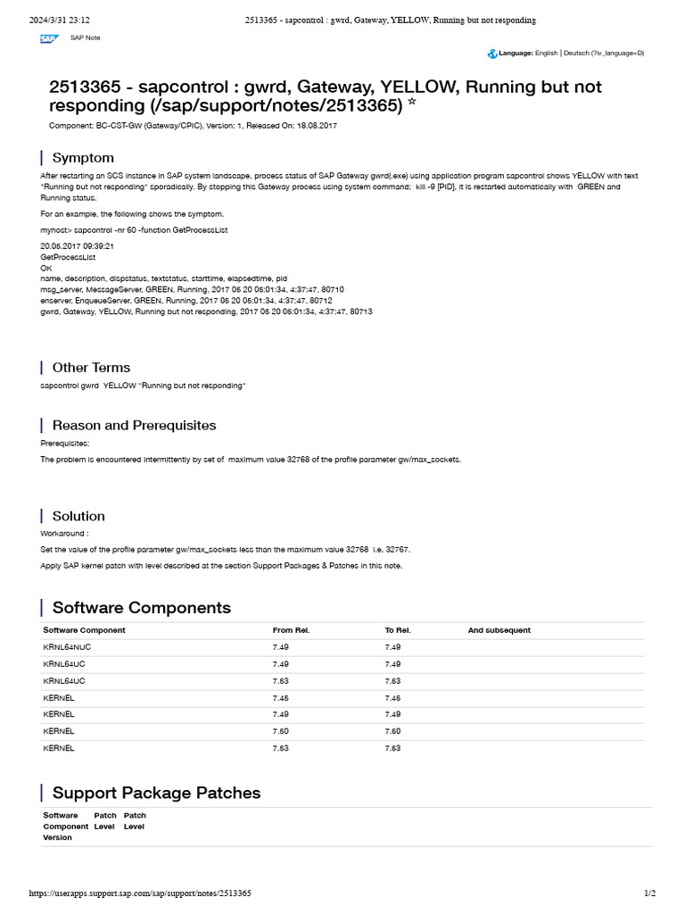 Sapcontrol - GWRD, Gateway, YELLOW, Running But Not Responding ...