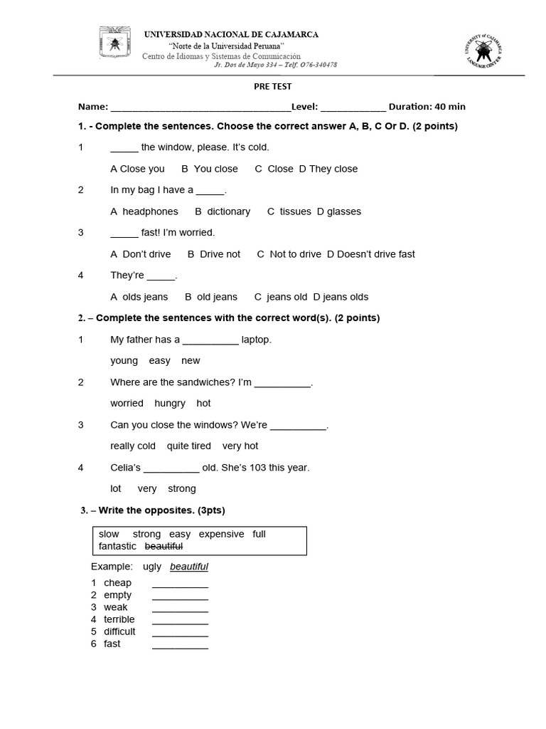 English Language Pre-Test for Students | PDF | Language Mechanics ...