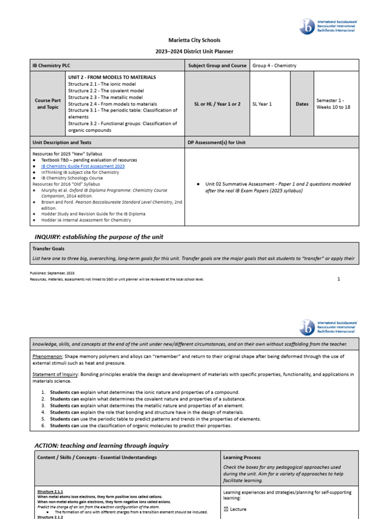 MCS IB Chemistry Y1 Unit 2 Planner | PDF | Chemical Bond | Chemical ...