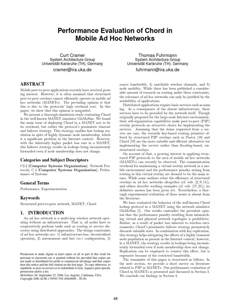 8 Performance Evaluation of Chord in Manet | PDF | Wireless Ad Hoc Network | Peer To Peer
