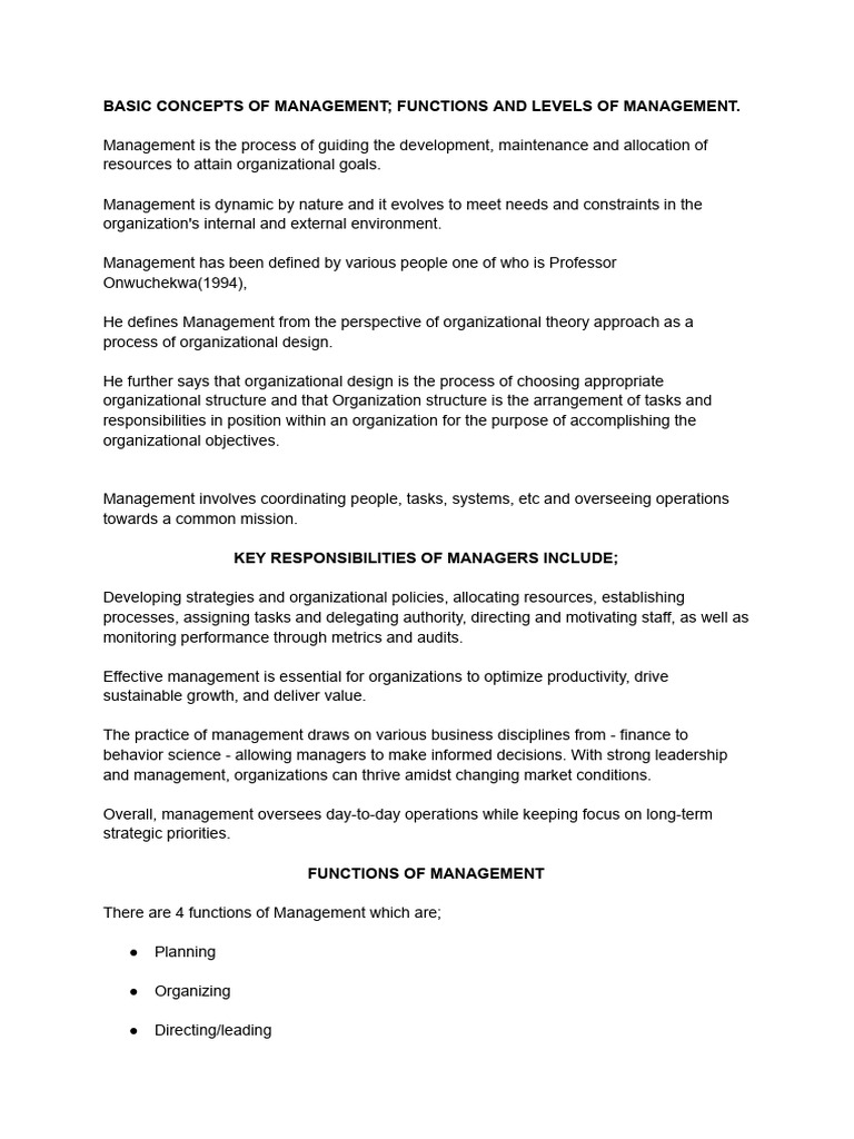 Basic Concepts of Management Functions and Levels of Management-1 | PDF ...