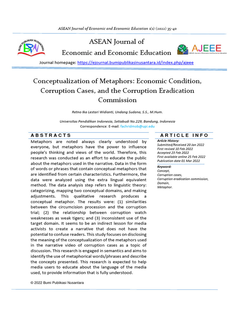Conceptualization of Metaphors - Economic Condition, Corruption Cases ...