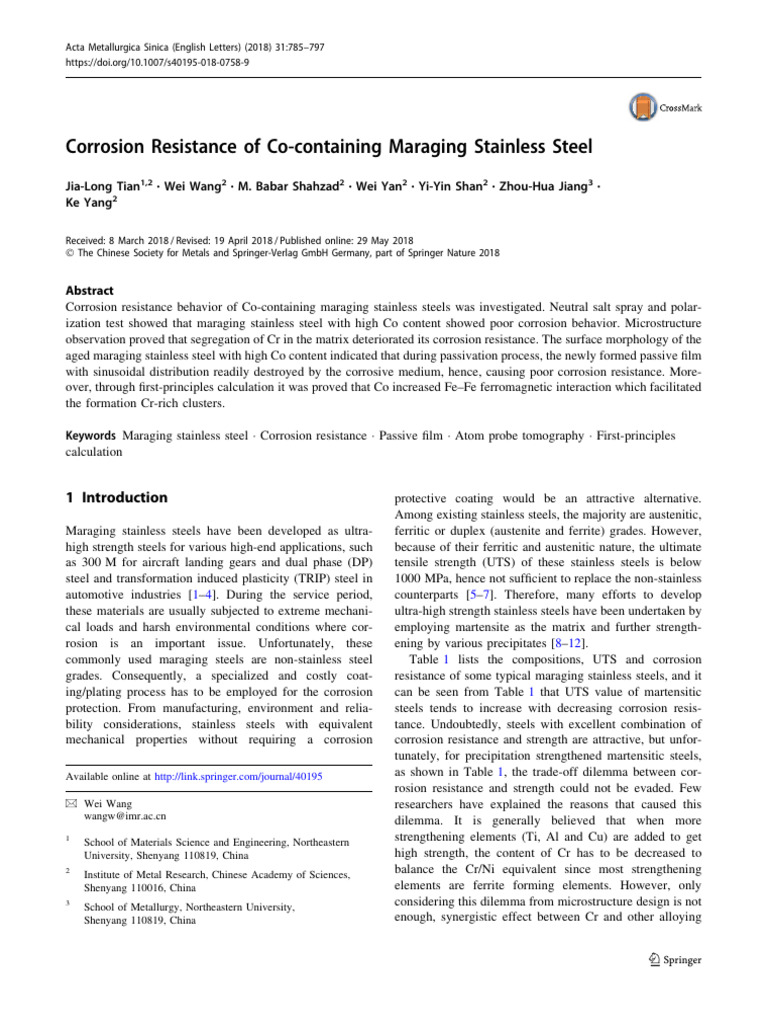 Corrosion Resistance in Co-Maraging Steel | PDF | Stainless Steel ...