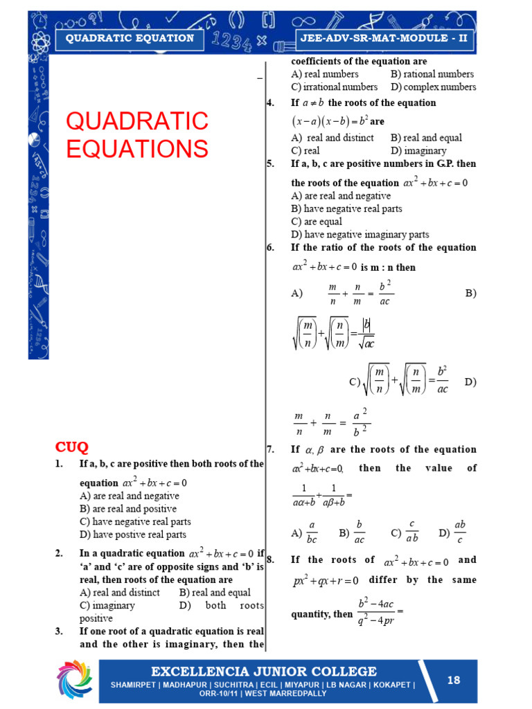 01-Quadratic Equation | PDF | Quadratic Equation | Equations