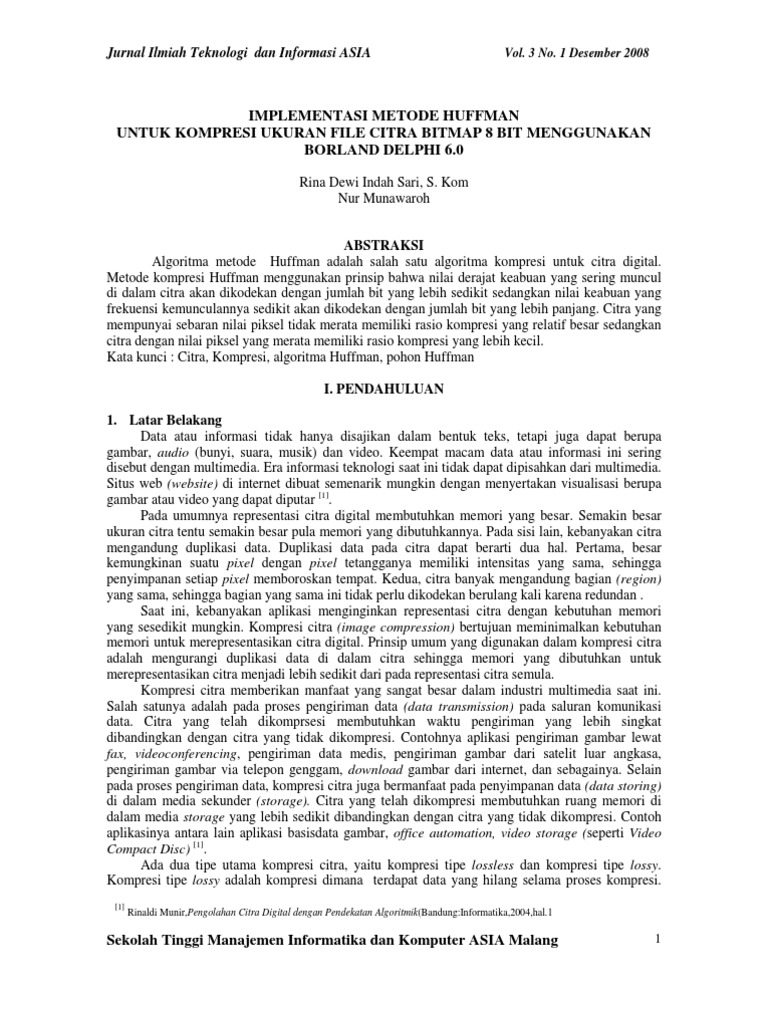 Implementasi Metode Huffman Untuk Kompresi Ukuran File Citra Bitmap 8 Bit Menggunakan Bor | PDF