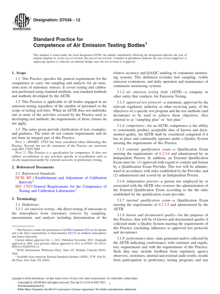 ASTM D7036-12 - Standard Practice For Competence of Air Emission ...