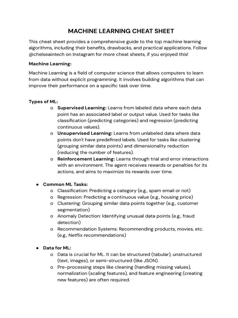 ML Algorithms Cheat Sheet | PDF | Machine Learning | Cluster Analysis