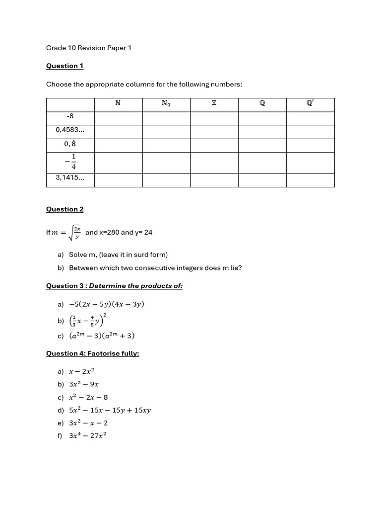 Grade 10 Revision Paper 1 | PDF | Science & Mathematics
