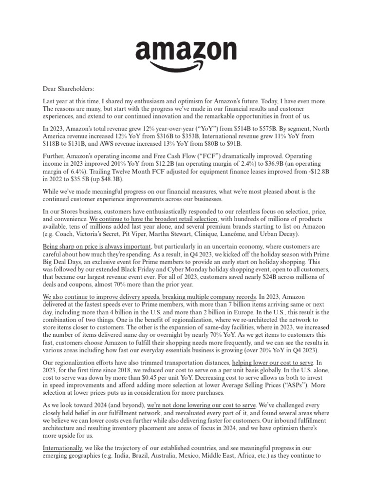 Amazon Com Inc 2023 Shareholder Letter | PDF | Amazon Web Services | Warehouse