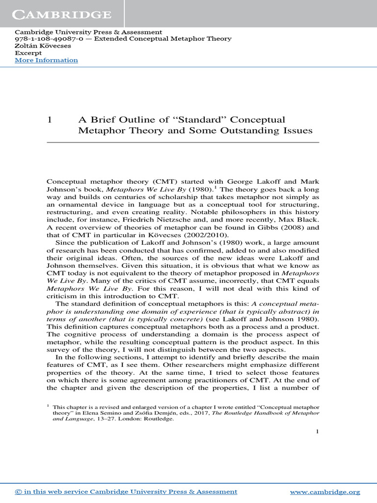 A Brief Outline of “Standard” Conceptual Metaphor Theory and Some Outstanding Issues | PDF ...