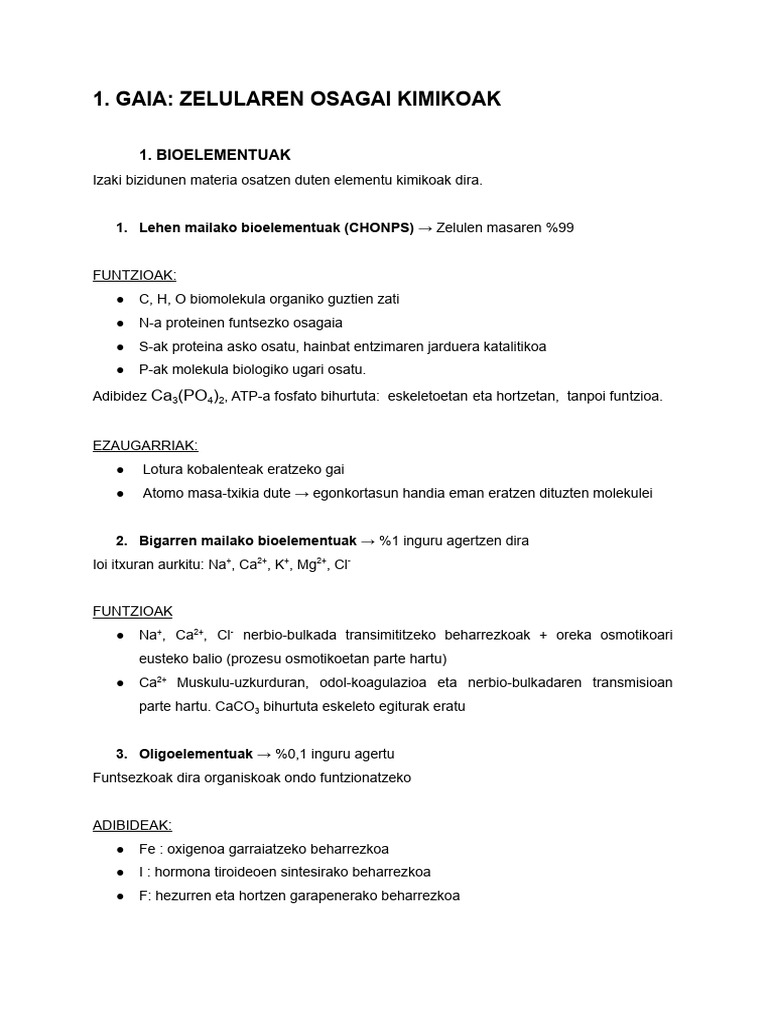 1.gaia - Zelularen Osagai Kimikoak | PDF