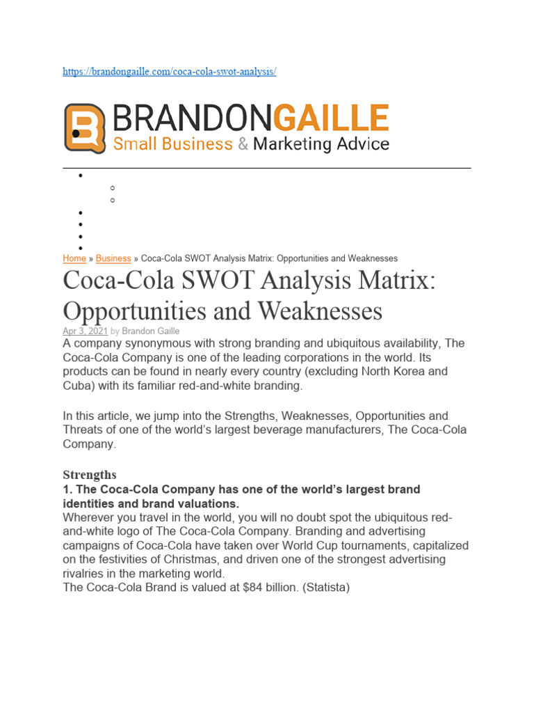 Coca-Cola - Example of SWOT Analysis1 | PDF | The Coca Cola Company ...