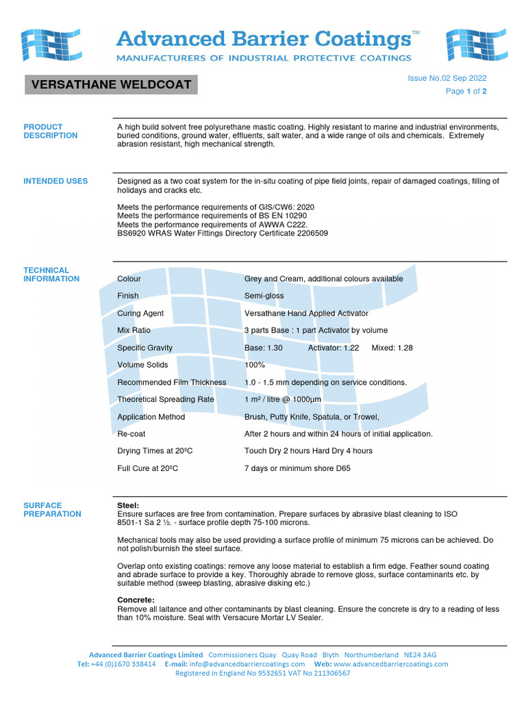 Versathane Weldcoat PDS | PDF | Coating | Materials