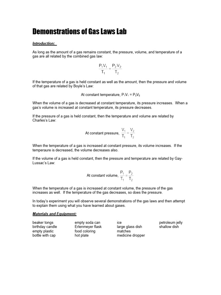 Demonstrations of Gas Laws Lab | PDF | Gases | Water