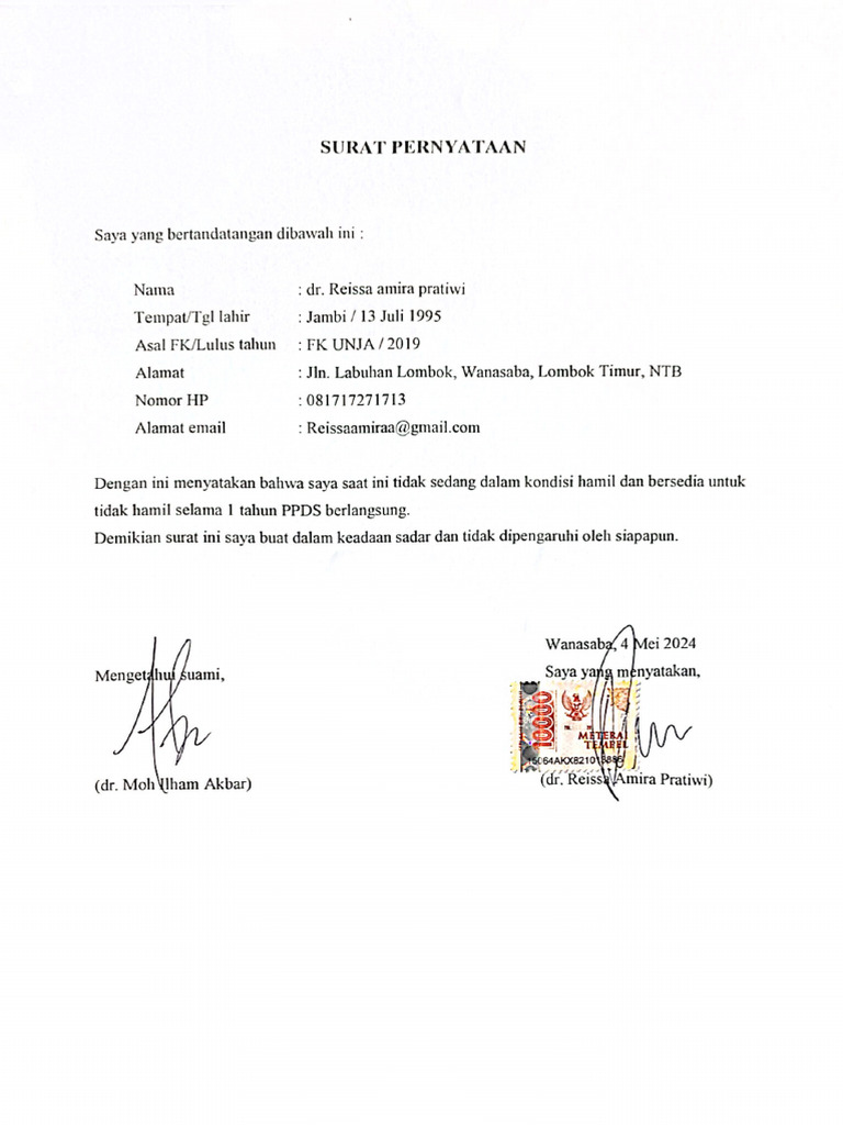 Surat Pernyataan Tidak Hamil | PDF