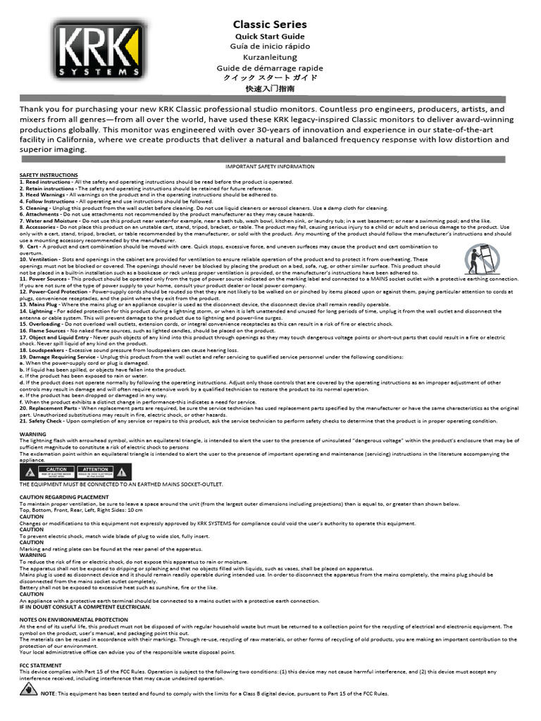 KRK-Classic-Series-Manual | PDF | Ac Power Plugs And Sockets | Electronics