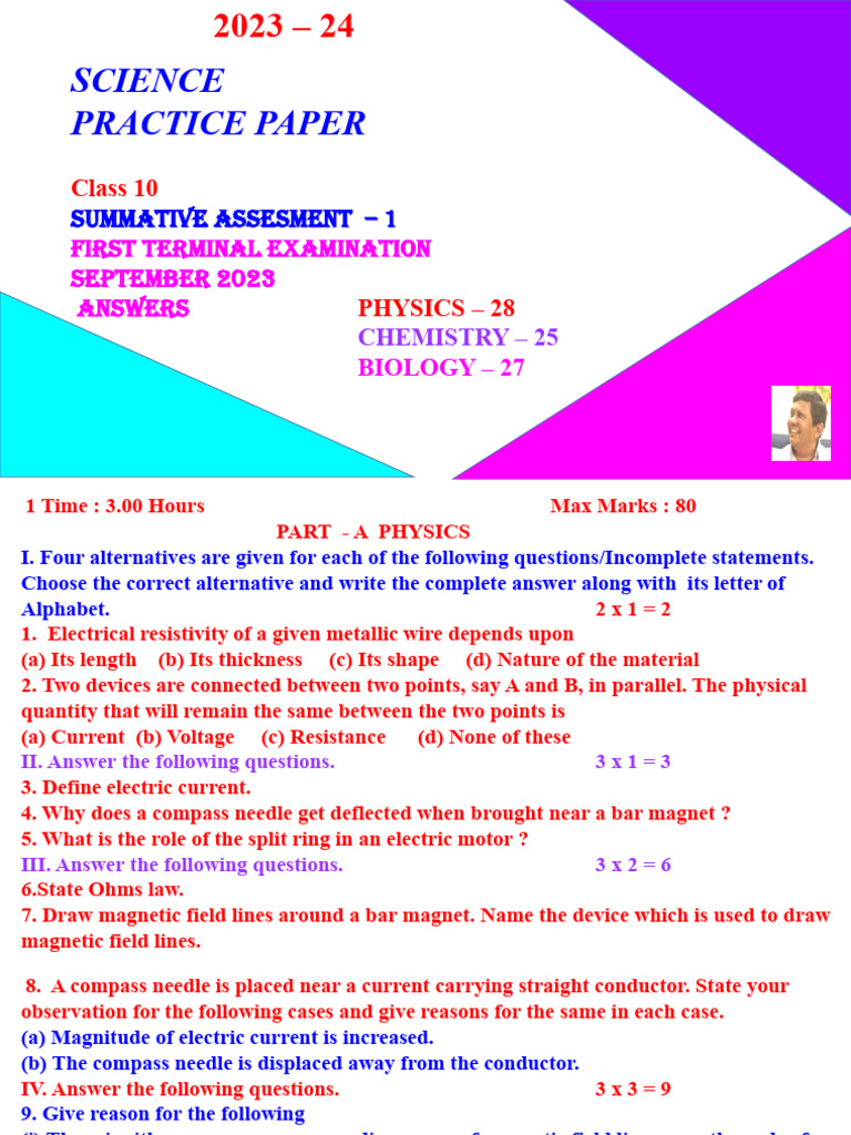 10th SCIENCE MID TERM PAPER 2023 PRACTICE PAPER - 1 | PDF | Food Web | Electric Current