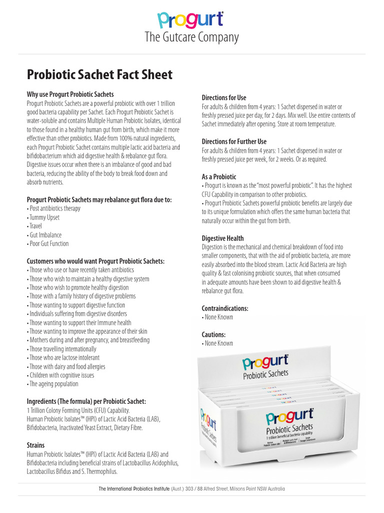 Progurt Probiotic Sachet Pack Fact Sheet | PDF | Probiotic | Medical ...