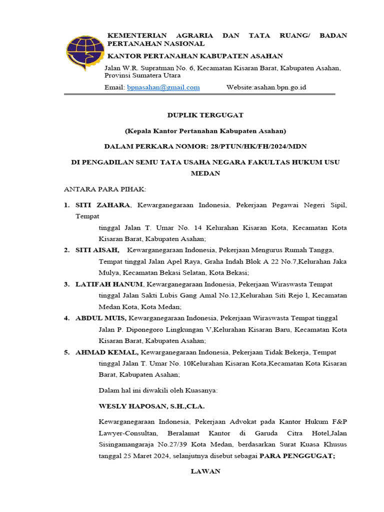 Duplik Tergugat I | PDF