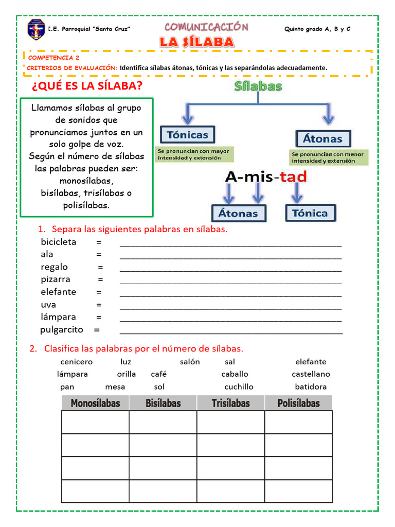 Sílaba Tónica y Átona para Quinto Grado | PDF | Comunicación oral ...