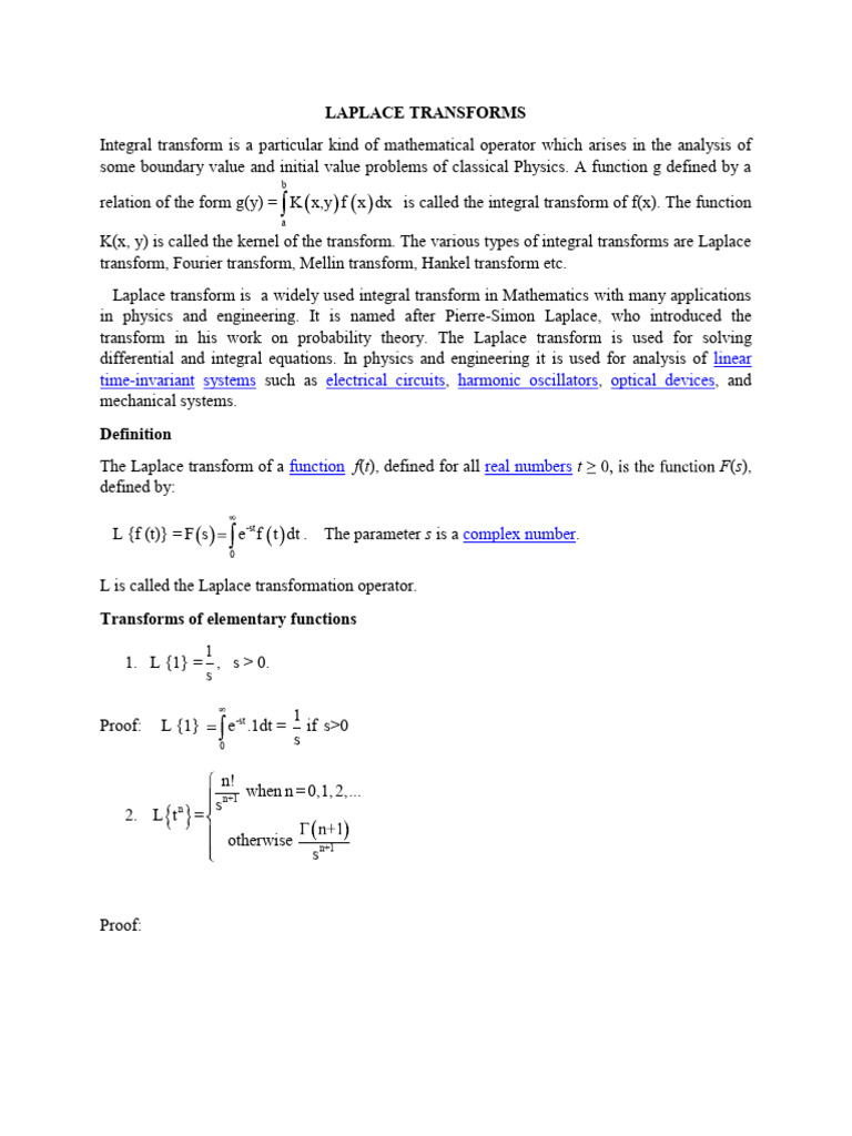 Laplace Transforms - Elementary Functions | PDF | Laplace Transform | Mathematical Analysis