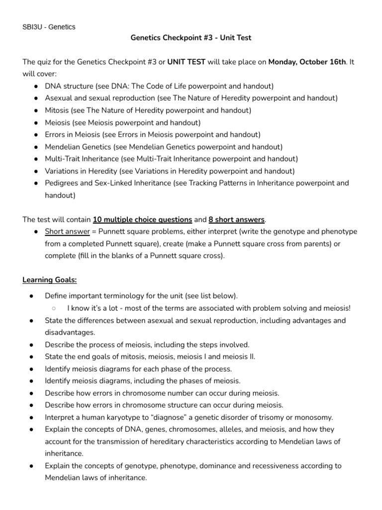 Genetics Checkpoint #3 - Unit Test | PDF | Dominance (Genetics) | Genetics