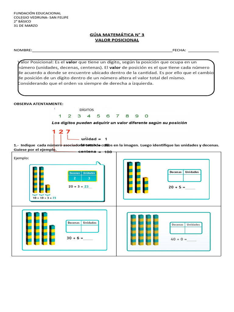 Valor Posicional en Números para 2° Básico | PDF | Aritmética | Números