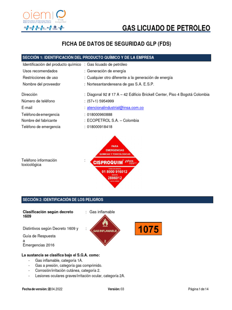 Ficha D Seguridad GLP (versión SGA revisada) 2022-04-22[17819] | PDF | Propano | Oxígeno