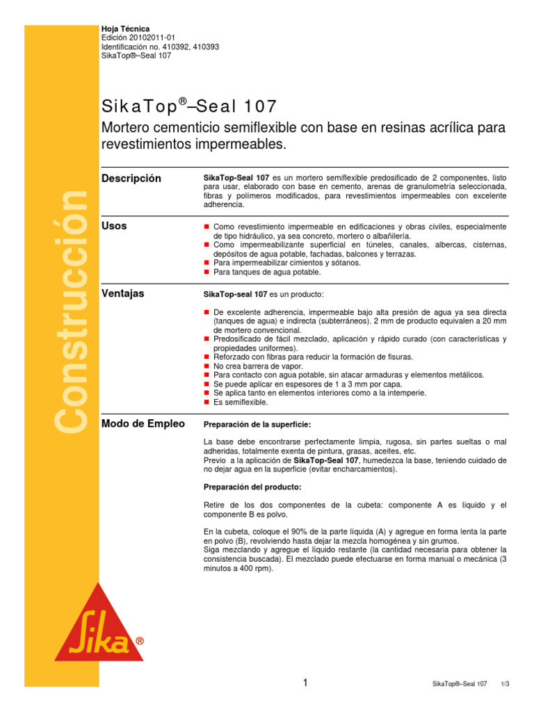 Sika Top Seal 107 | PDF | Agua | Mortero (Albañilería)